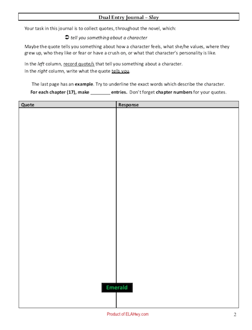 Slay by Brittney Morris: Dual Entry Reading Journal – ELA Hwy