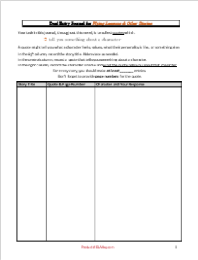 Flying Lessons & Other Stories: Dual Entry Reading Response Journal ...