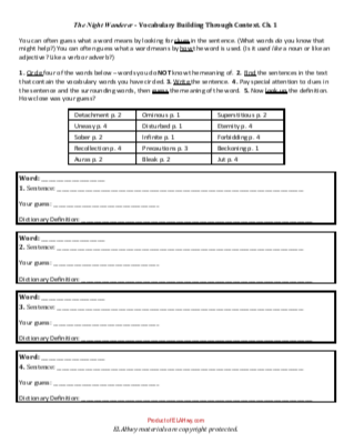 The Night Wanderer: Ch. 1 Vocabulary Activity, emphasis context clues ...