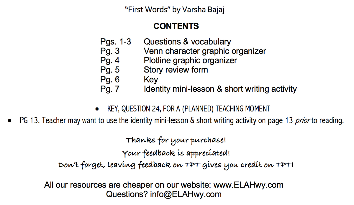 “First Words” by Varsha Bajaj from anthology Come On In: Workbook – ELA Hwy