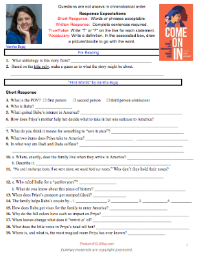 “First Words” by Varsha Bajaj from anthology Come On In: Workbook – ELA Hwy