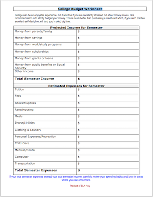 College Budgeting Worksheet: Income vs. Expenses – ELA Hwy