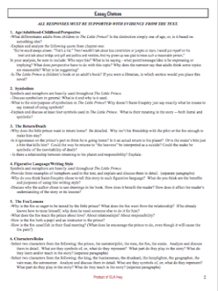 The Little Prince: Final Writing Project, 4-Option Essay w/ Rubric ...