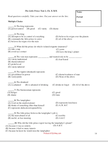 The Little Prince: Tests Bundled (save $2) – ELA Hwy