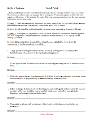 Sentence Fluency: Fixing Wordiness Worksheet – ELA Hwy
