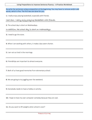 Sentence Fluency: Using Prepositions to Improve Fluency – ELA Hwy