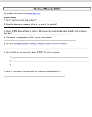 Internet Use Activity/Worksheet: Dihydrogen Monoxide (DHMO) – ELA Hwy
