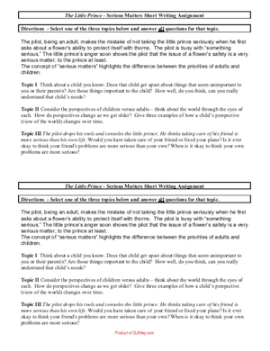 The Little Prince: Ch. 7 Serious Matters Writing Activity – ELA Hwy